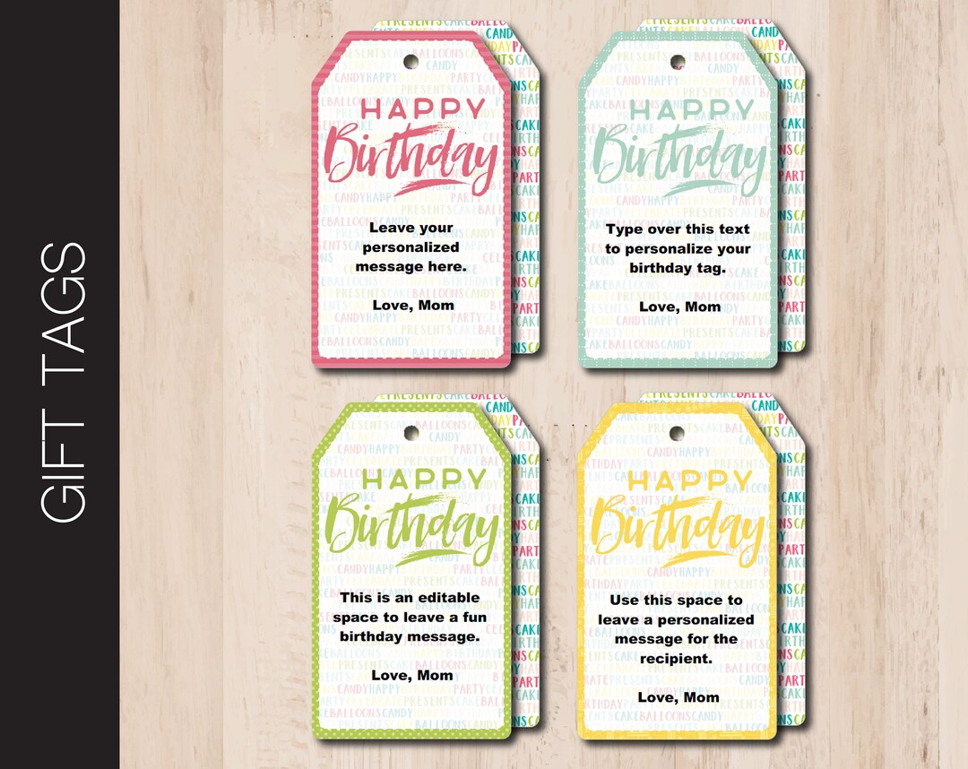 Editable HAPPY BIRTHDAY Themed Gift Tags. Double-sided Printable ...