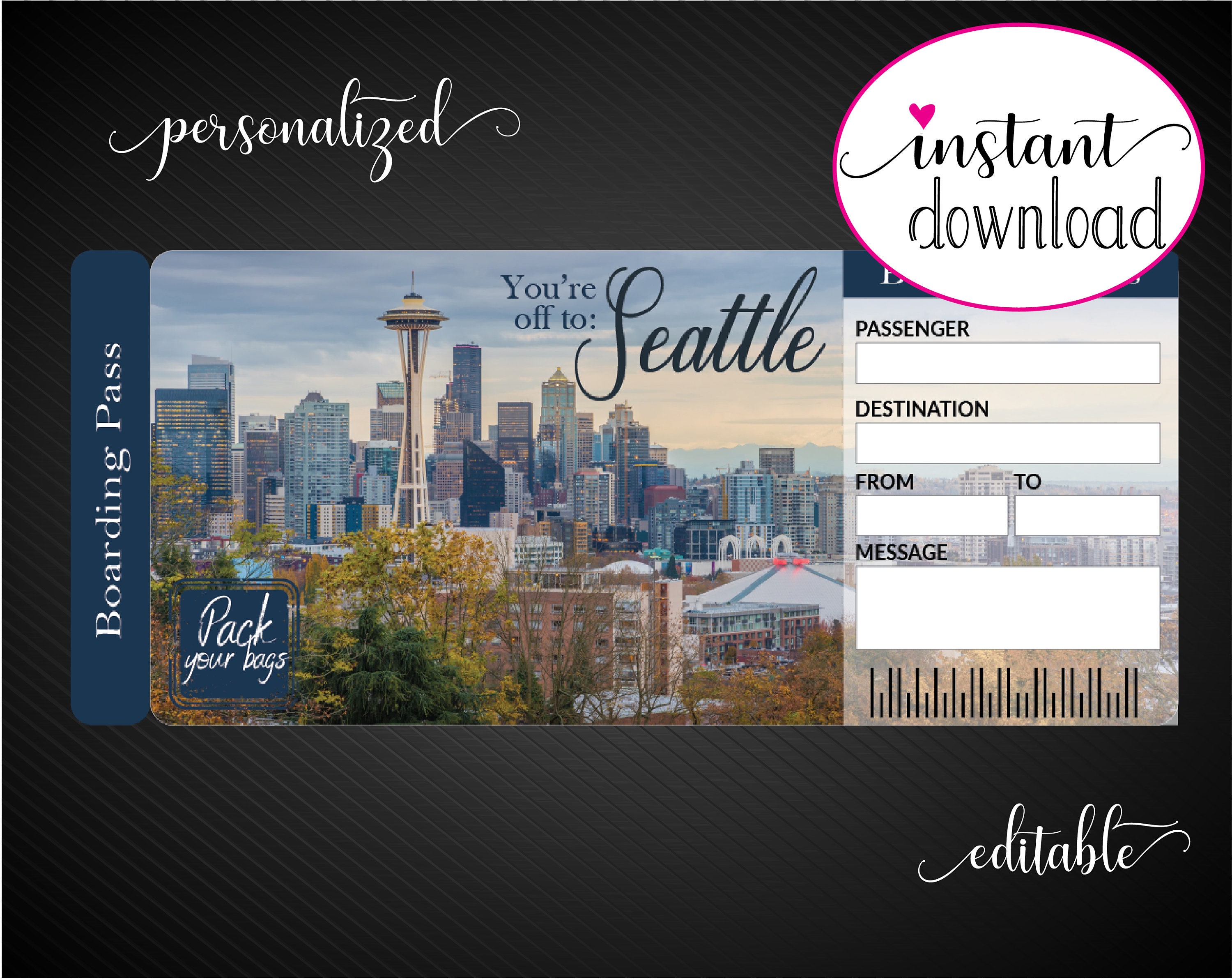 Printable SEATTLE Surprise Trip Gift Ticket. Boarding Pass. | Etsy
