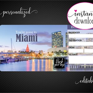 Printable MIAMI Surprise Trip Gift Ticket. Boarding Pass. Printable ...