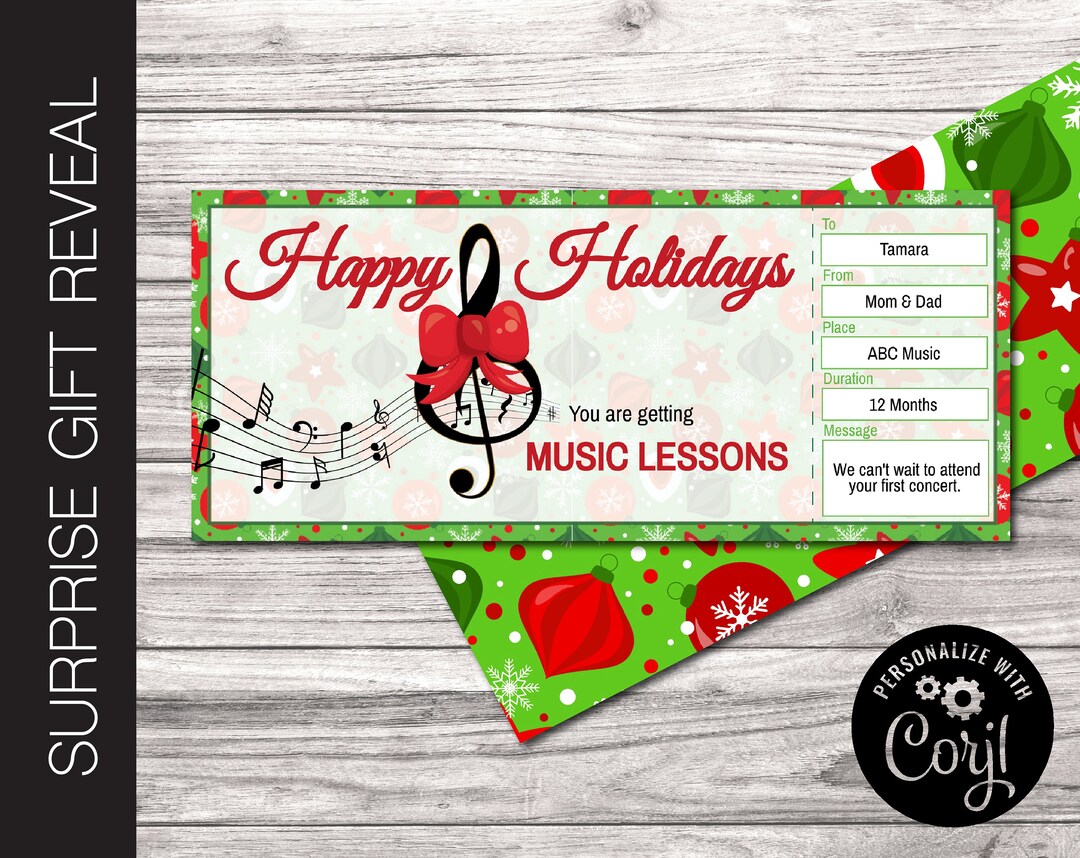 Editable MUSIC LESSONS Surprise Gift Reveal Coupon. Holiday ...