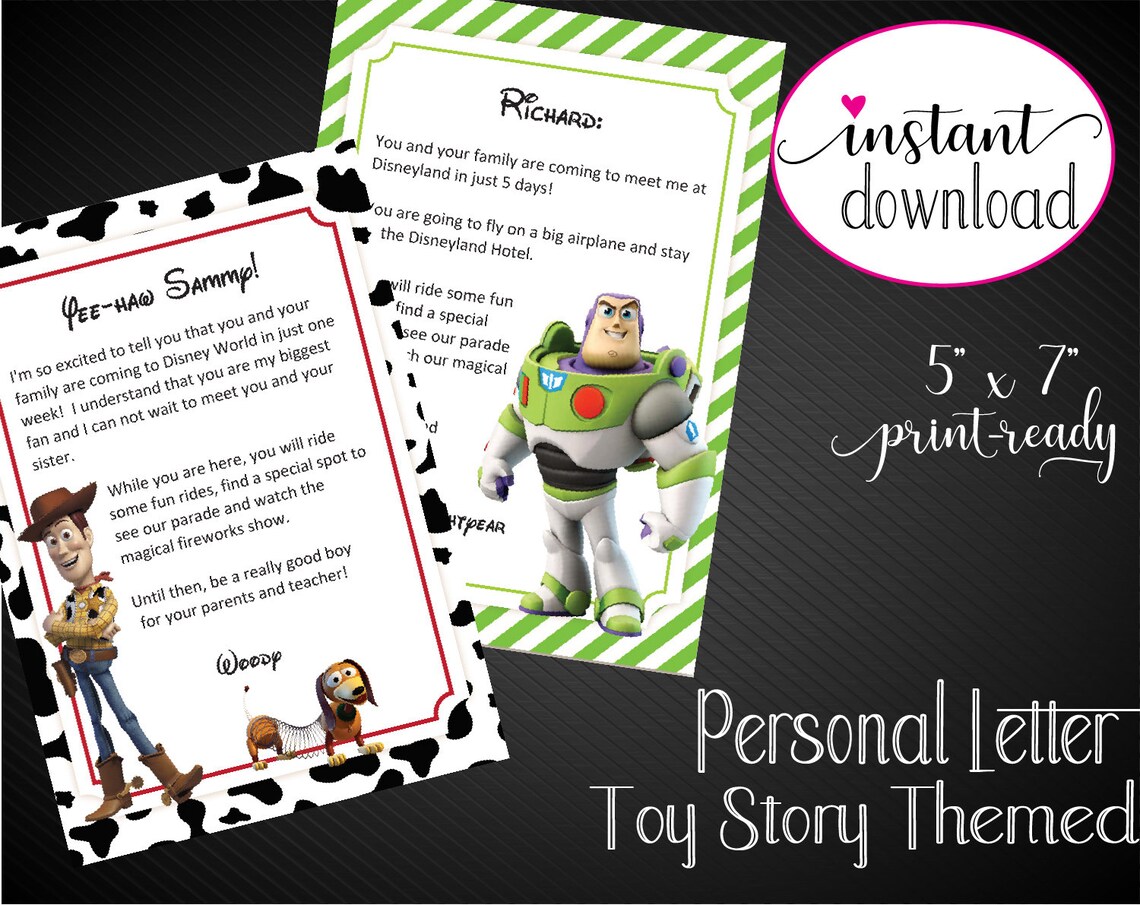 Printable TOY STORY Themed Personalized Letters for Surprise Trip ...