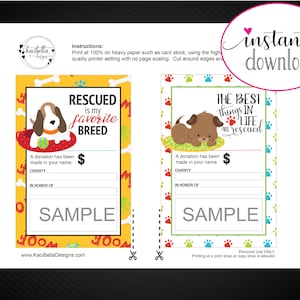 Printable PET RESCUE Charity Donation Gift Card. Printable Instant ...