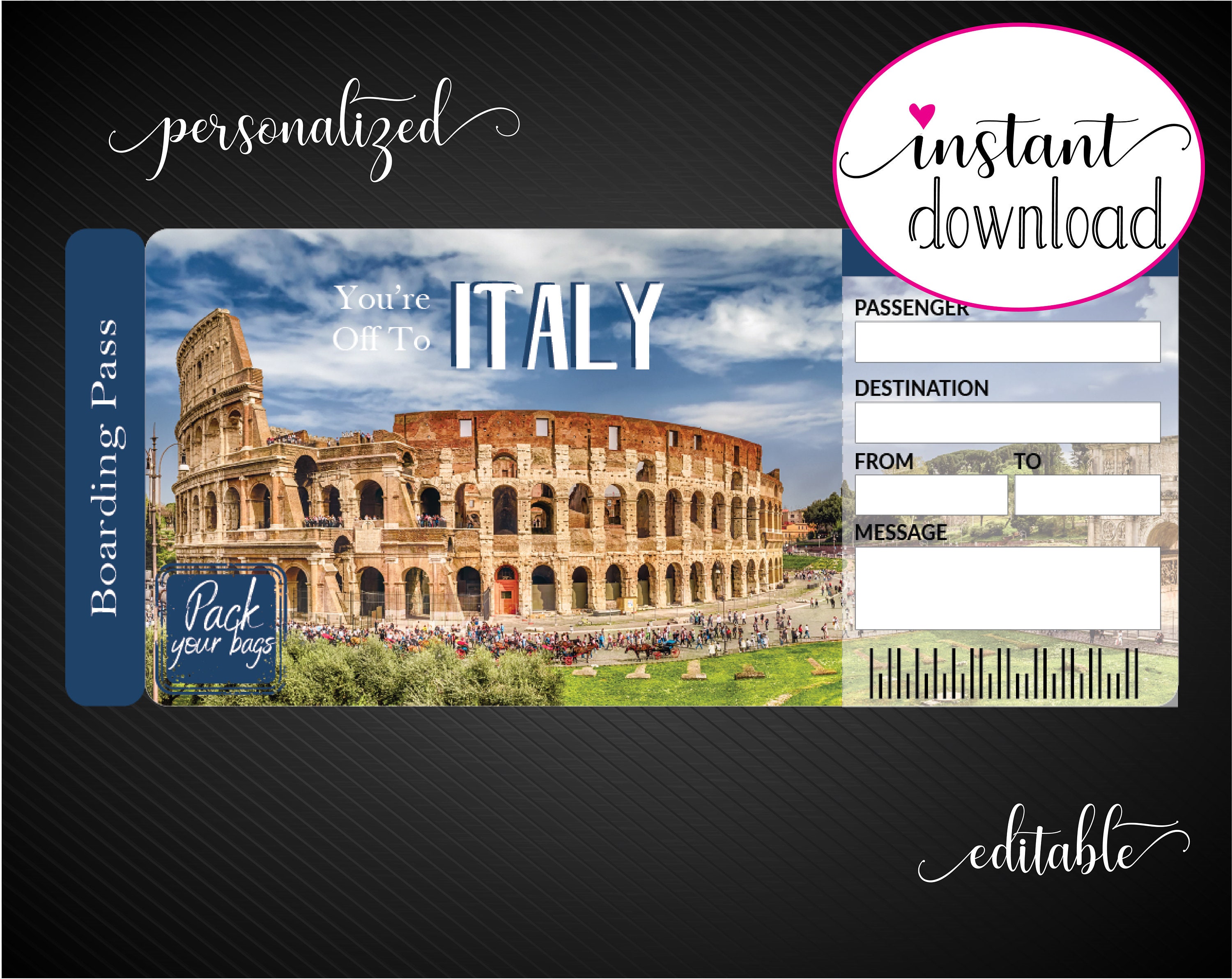 Printable ITALY Surprise Trip Gift Ticket. Boarding Pass. - Etsy