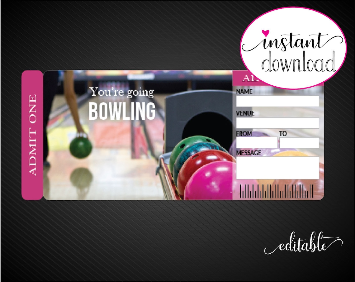 Printable BOWLING Surprise Event Tickets. Vacation Ticket. Admission ...
