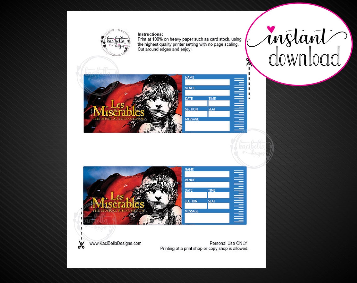 Printable LES MISERABLES Broadway Surprise Ticket. Editable - Etsy