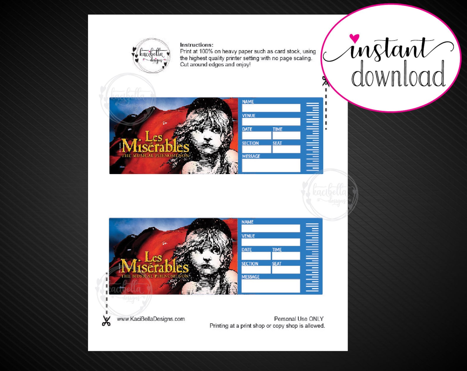 Printable LES MISERABLES Broadway Surprise Ticket. Editable - Etsy