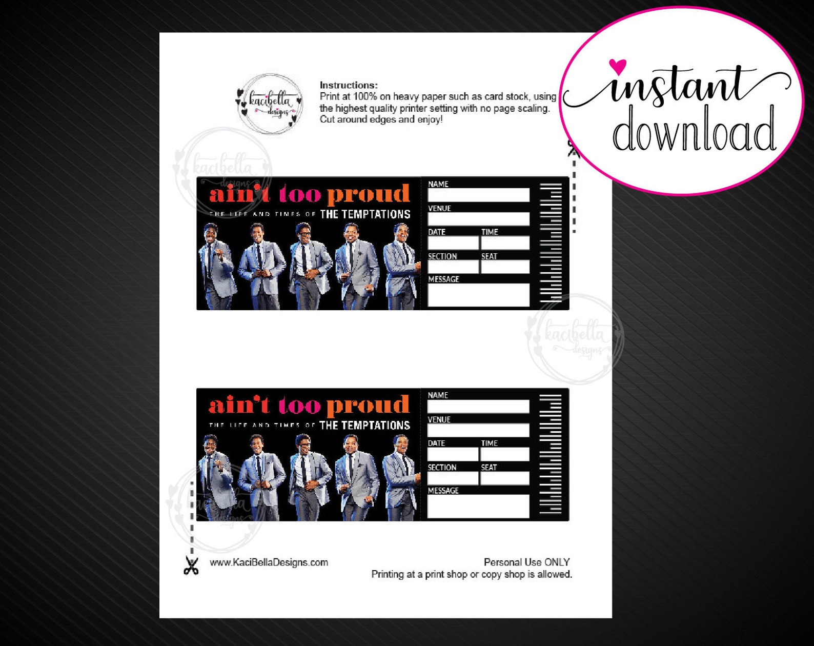 Printable AINT TOO PROUD Broadway Surprise Ticket. Editable Musical ...