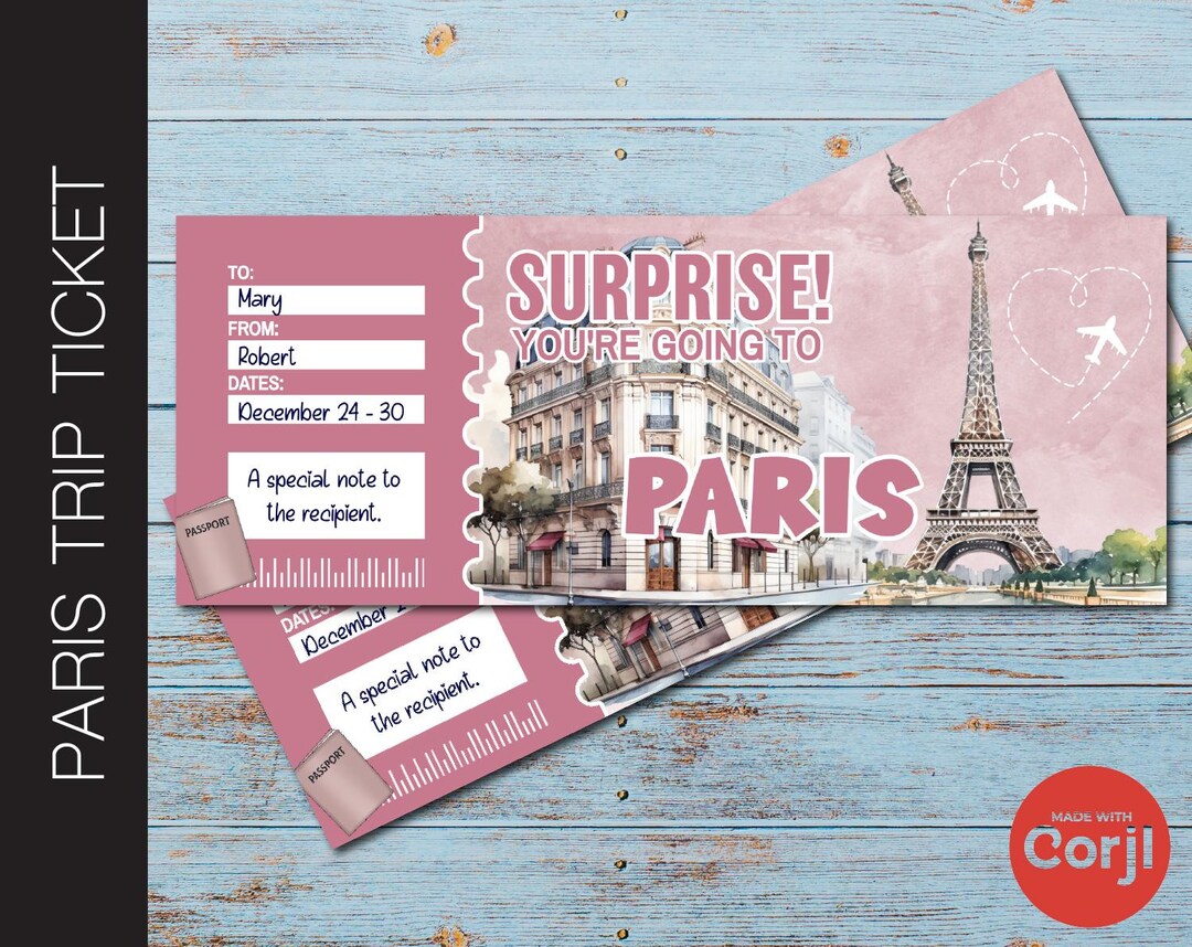 PARIS Surprise Trip Gift Ticket. All Text Editable. Boarding Pass ...