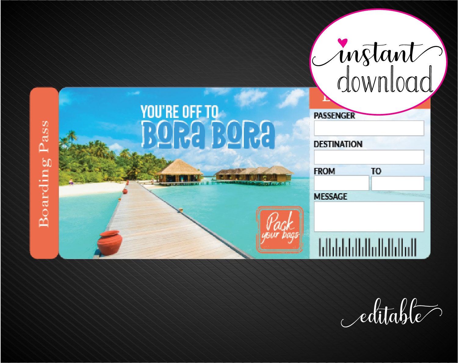 Printable BORA BORA Surprise Trip Gift Ticket. Boarding Pass. - Etsy UK