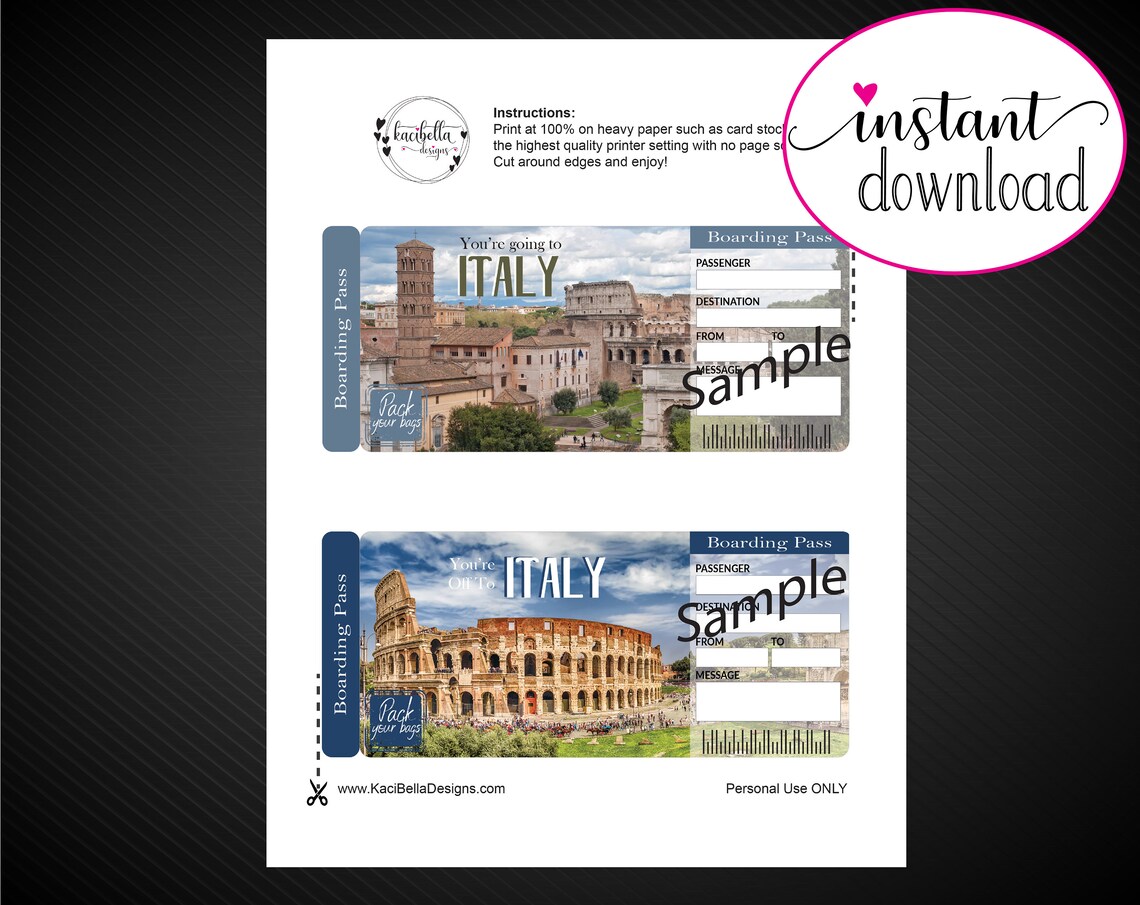Printable ITALY Surprise Trip Gift Ticket. Boarding Pass. - Etsy