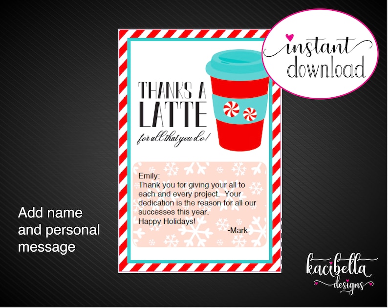 Printable CHRISTMAS Coffee Gift Card Holder. Thanks a Latte | Etsy
