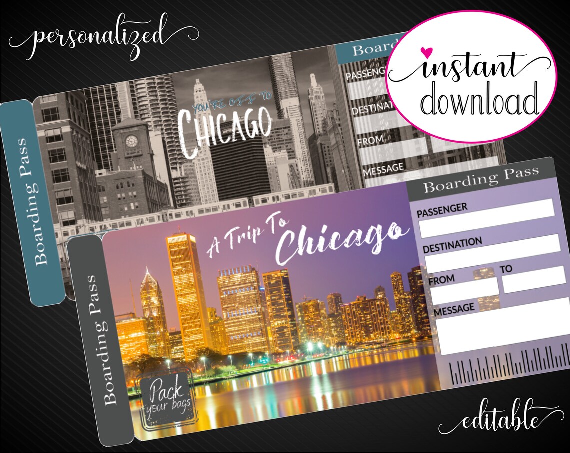 Printable CHICAGO Surprise Trip Gift Ticket. Boarding Pass. Trip Ticket ...