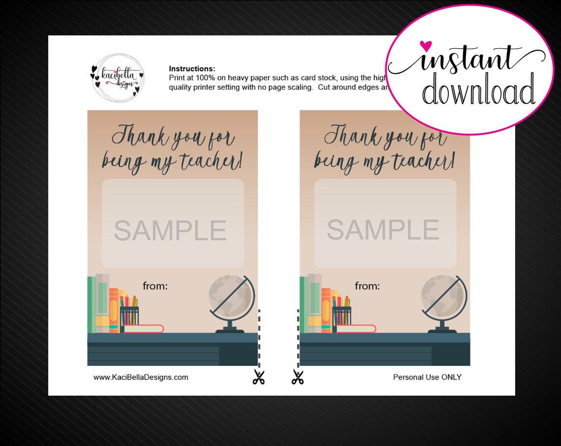 Printable TEACHER Appreciation Gift Card Holder. Thank You | Etsy