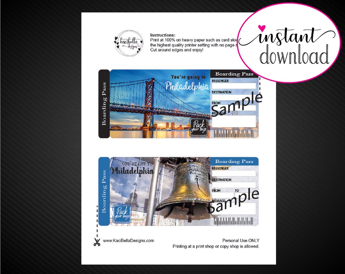 Printable PHILADELPHIA Surprise Trip Gift Ticket. Boarding - Etsy