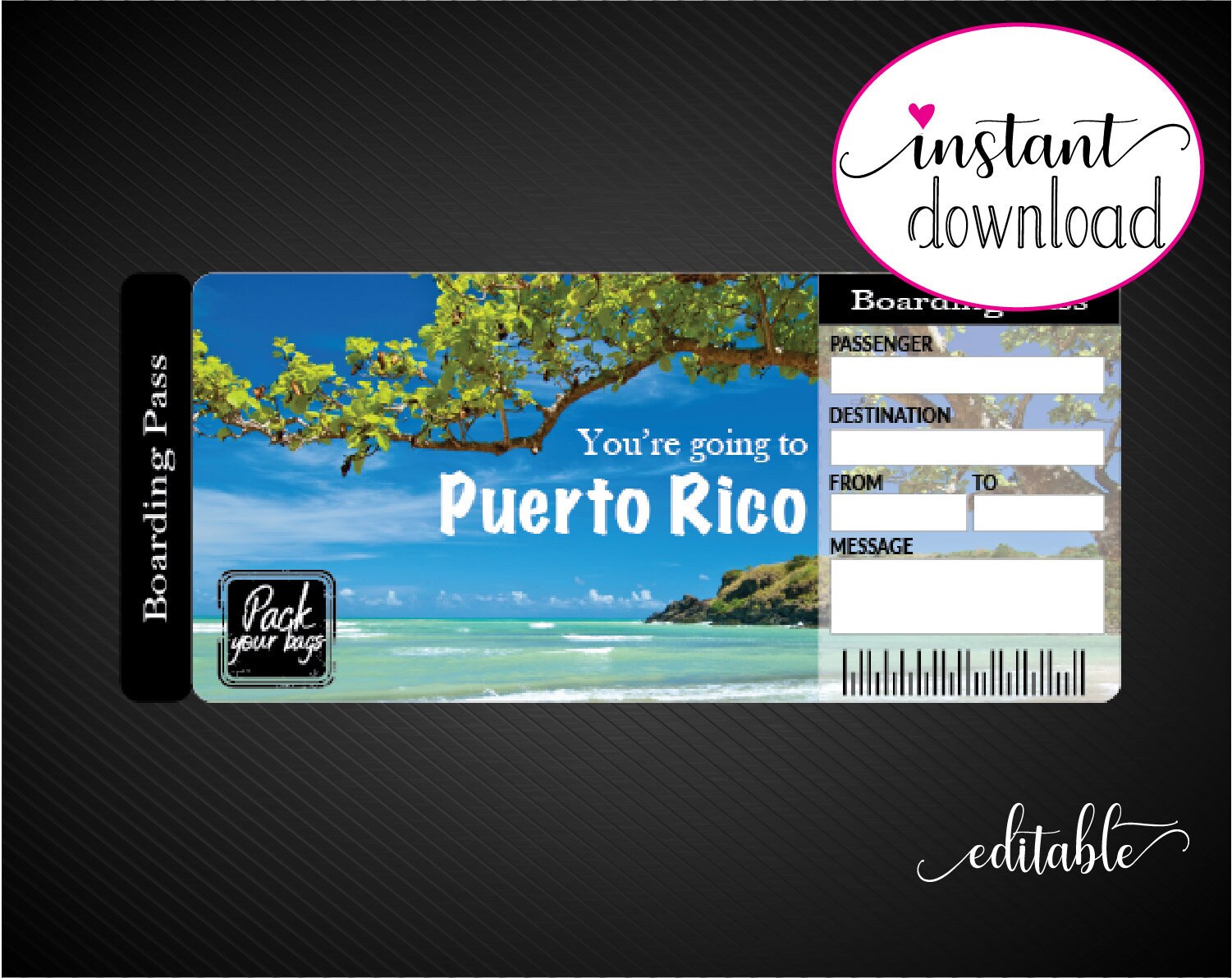 Printable PUERTO RICO Surprise Trip Gift Ticket. Boarding Pass ...