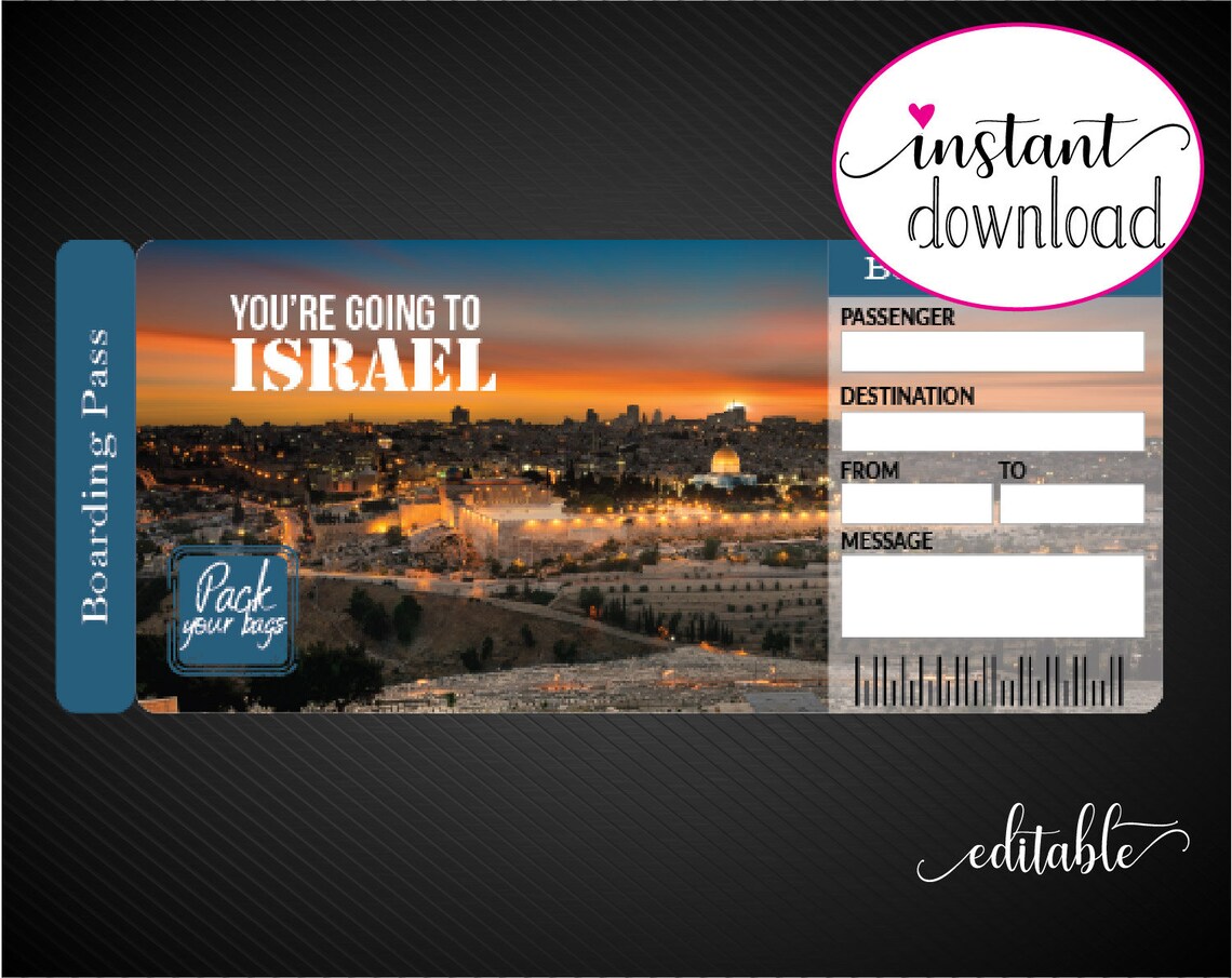 Printable ISRAEL Surprise Trip Gift Ticket. Boarding Pass. Trip Ticket ...