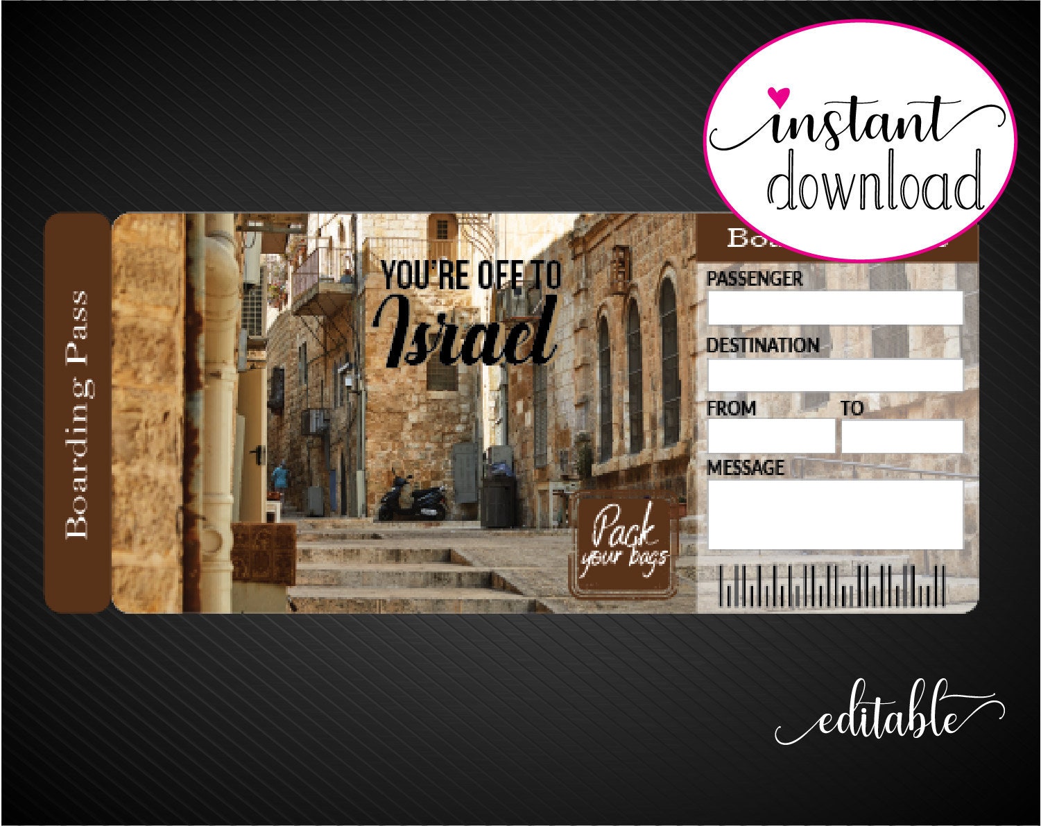 Printable ISRAEL Surprise Trip Gift Ticket. Boarding Pass. Trip Ticket ...