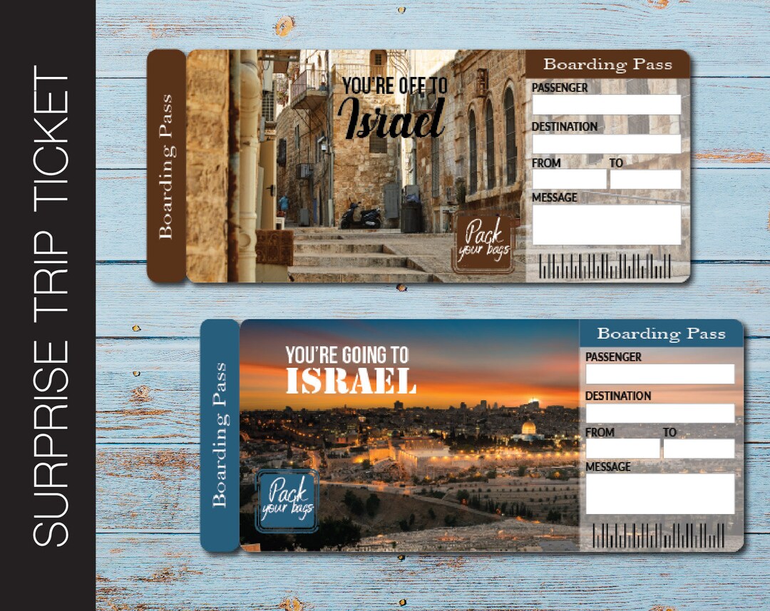 Printable ISRAEL Surprise Trip Gift Ticket. Boarding Pass. Trip Ticket ...