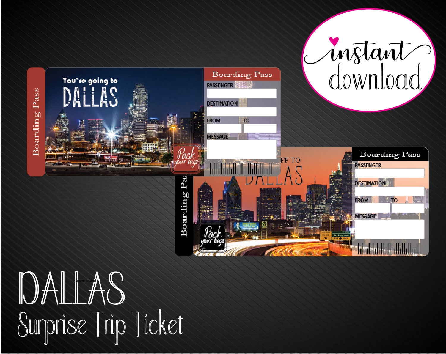 Printable DALLAS Surprise Trip Gift Ticket. Boarding Pass. Trip Ticket ...