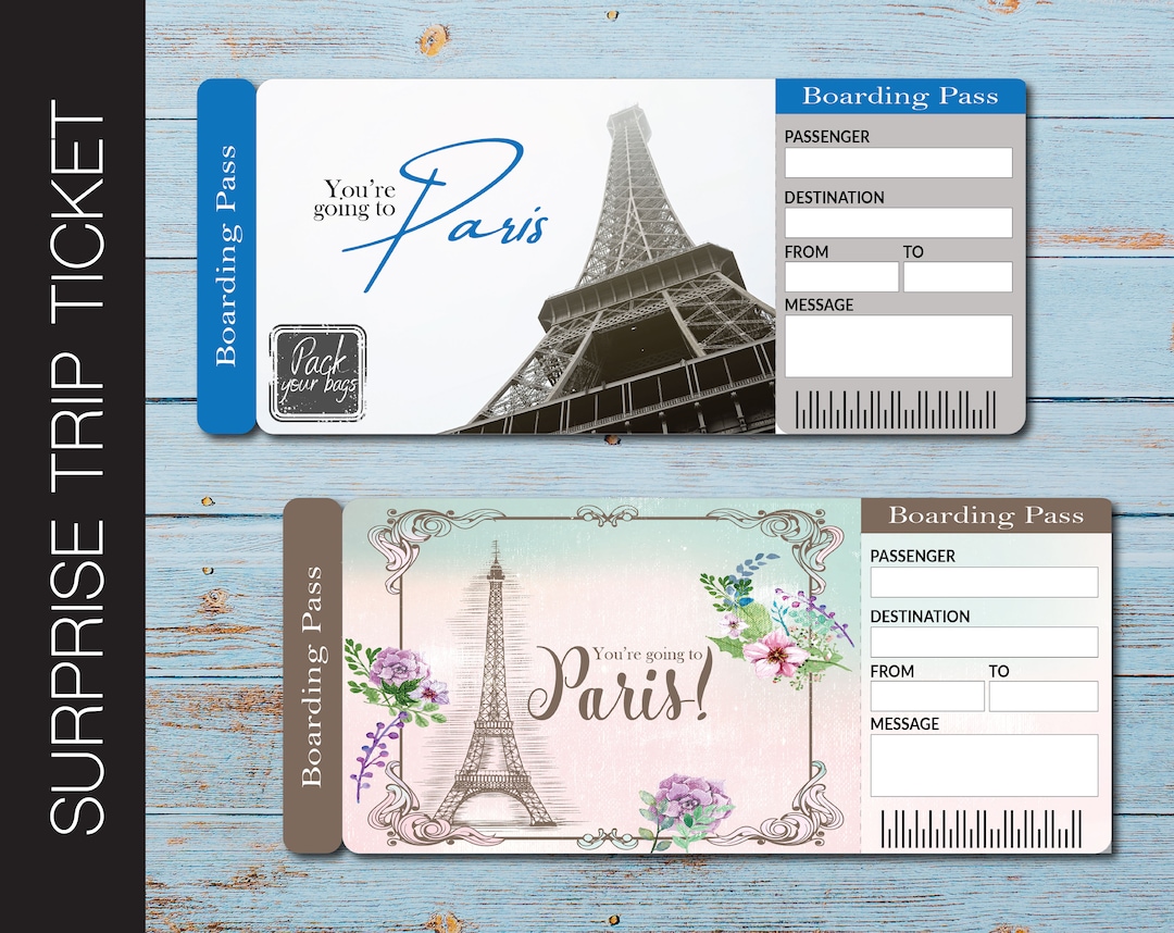 Printable PARIS Surprise Trip Gift Ticket. Boarding Pass. Printable ...