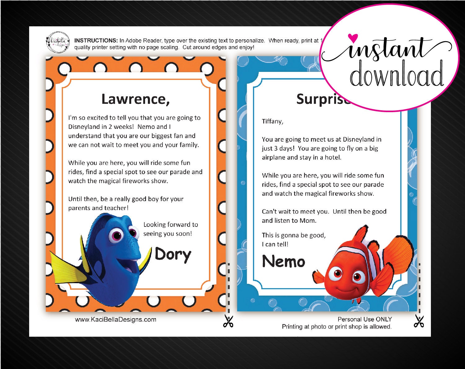 Printable NEMO & DORY Themed Personalized Letters for Surprise | Etsy