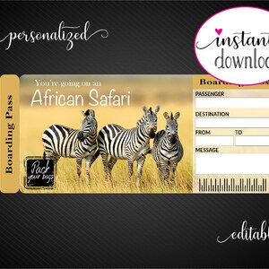 Printable AFRICAN SAFARI Surprise Trip Tickets. Vacation Ticket ...