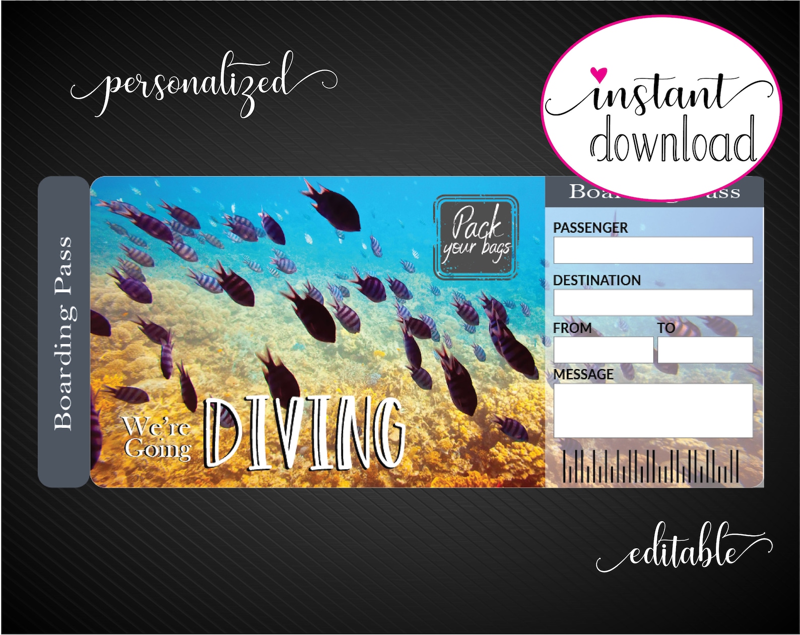 Printable SCUBA DIVING Surprise Trip Gift Ticket. Trip Ticket. Vacation ...