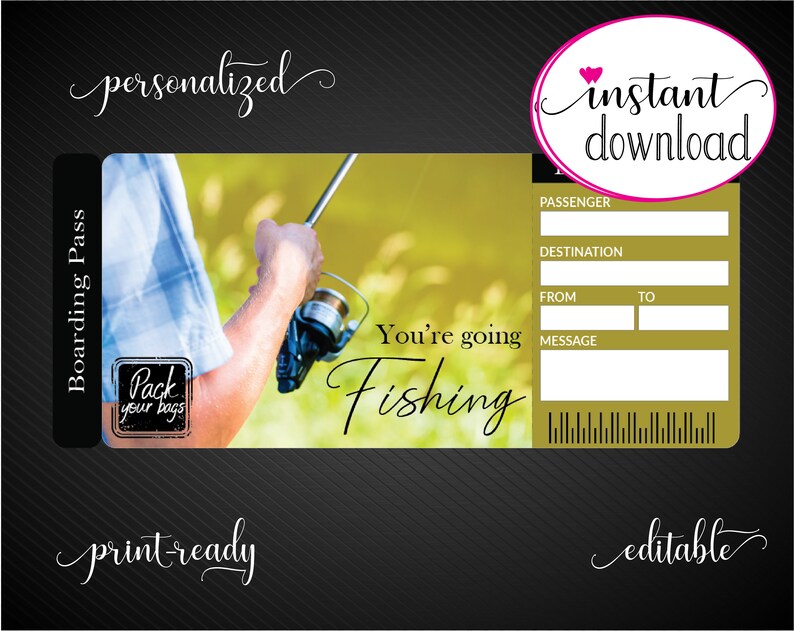 Printable FISHING Surprise Trip Gift Ticket. Boarding Pass. Trip Ticket ...