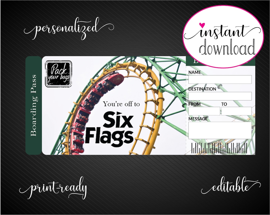Printable SIX FLAGS Surprise Gift Ticket. Boarding Pass. Trip Ticket ...
