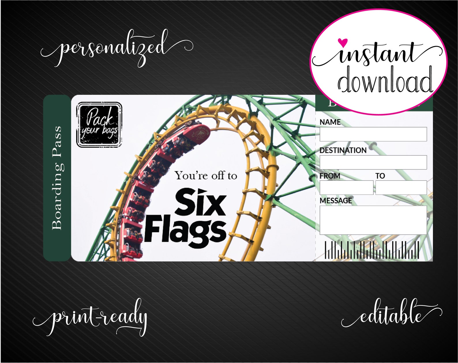 Printable SIX FLAGS Surprise Gift Ticket. Boarding Pass. Trip Ticket ...