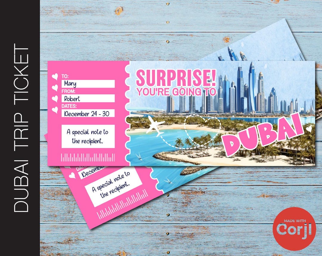 DUBAI Surprise Trip Gift Ticket. All Text Editable. Boarding Pass ...