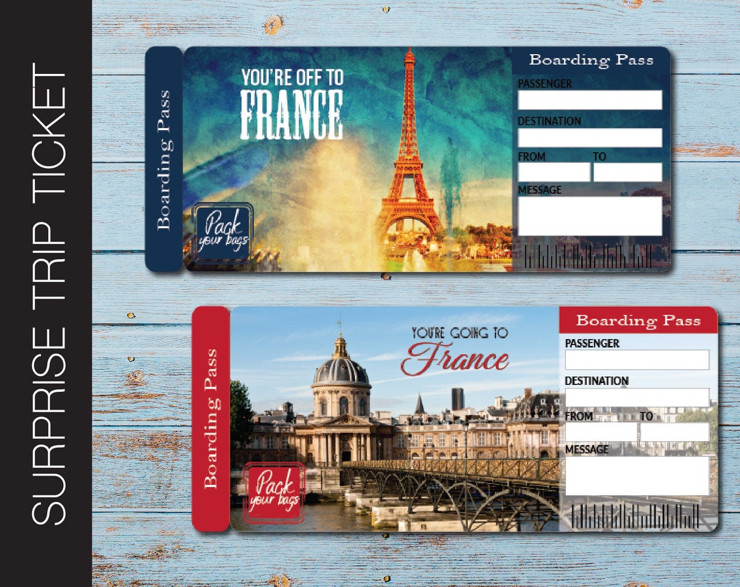 Printable FRANCE Surprise Trip Gift Ticket. Boarding Pass. Ticket. Trip ...