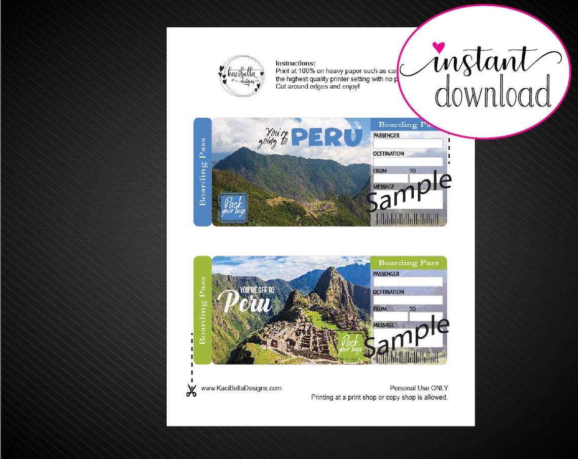 Printable PERU Surprise Trip Gift Ticket. Boarding Pass. - Etsy