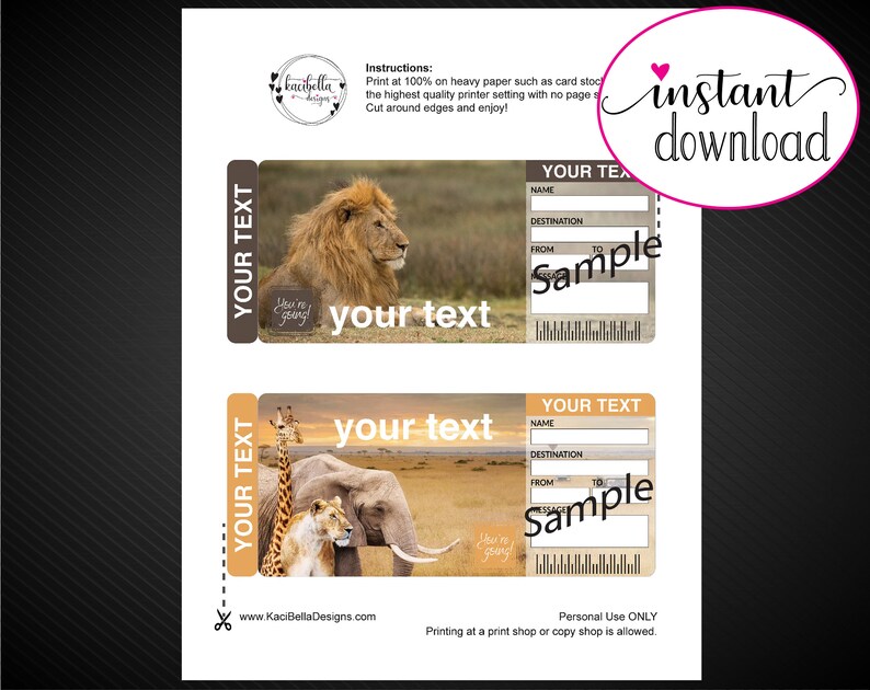 Printable ZOO or SAFARI PARK Surprise Gift Reveal Ticket. Admission ...