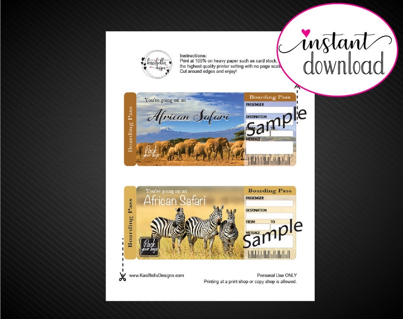 Printable AFRICAN SAFARI Surprise Trip Tickets. Vacation | Etsy