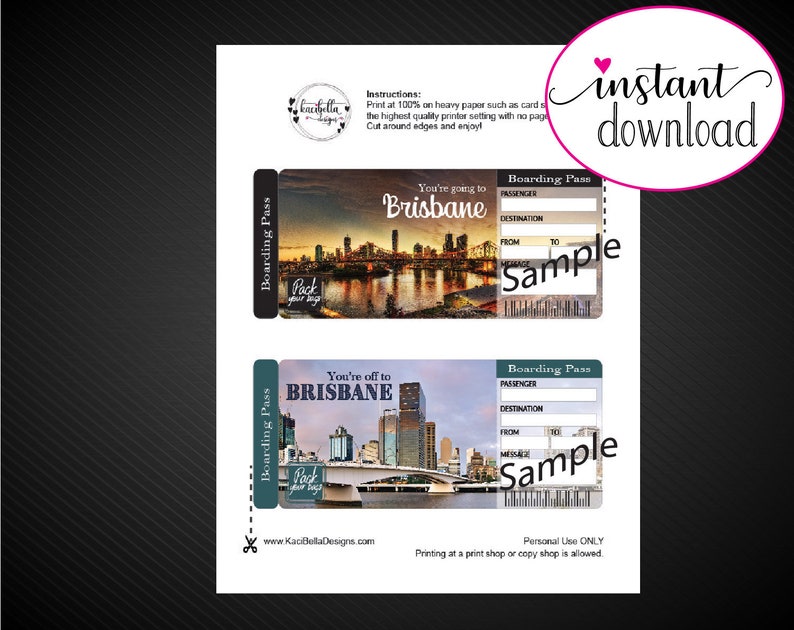 Printable BRISBANE Surprise Trip Gift Ticket. Boarding Pass. Printable ...