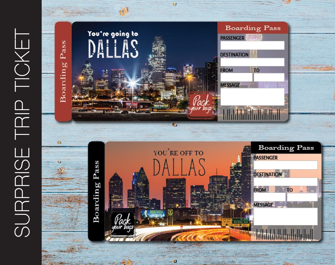 Printable DALLAS Surprise Trip Gift Ticket. Boarding Pass. Trip Ticket ...