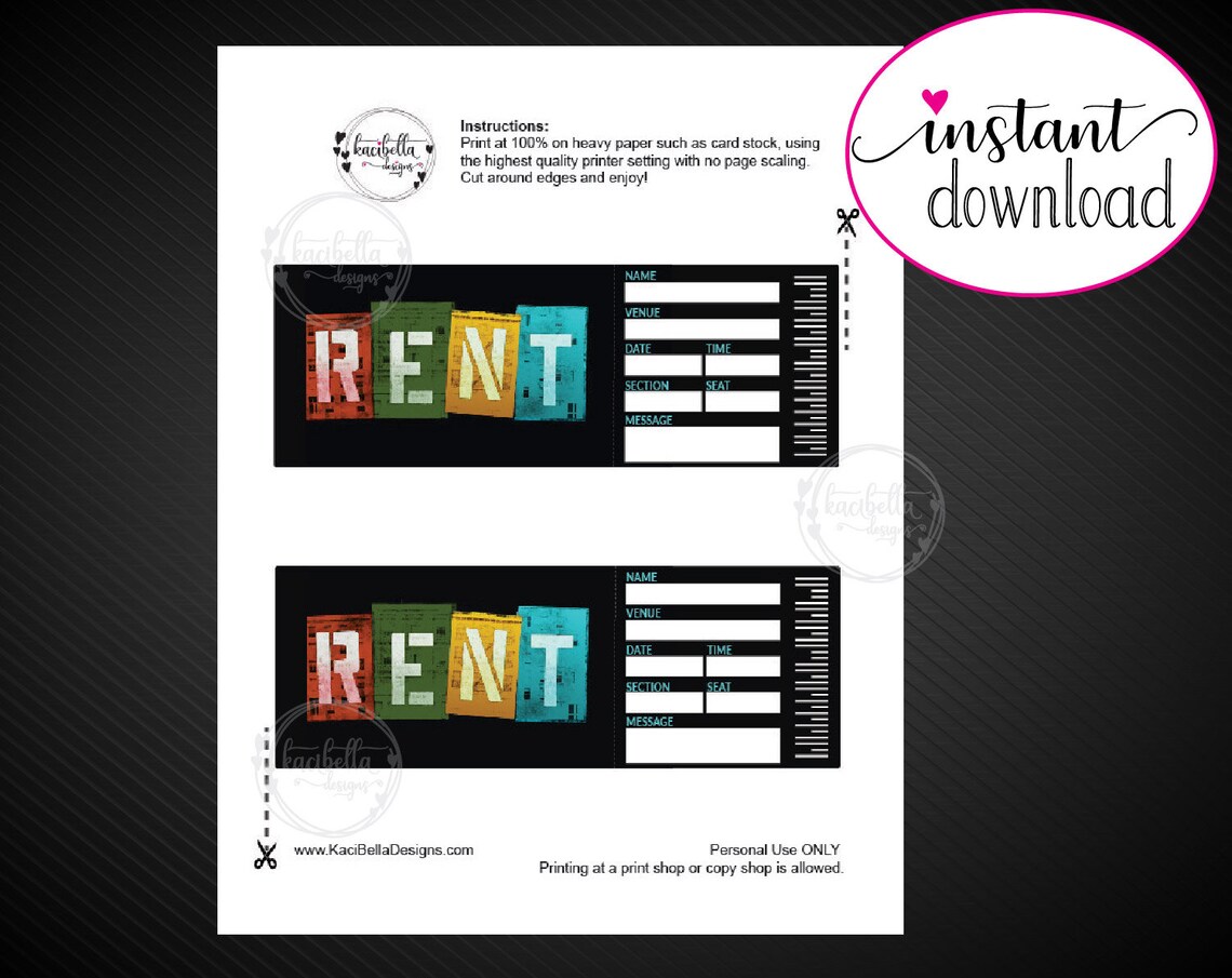 Printable RENT Broadway Surprise Ticket. Editable Musical Theatre Faux ...