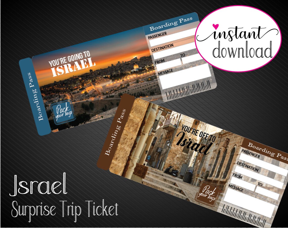Printable ISRAEL Surprise Trip Gift Ticket. Boarding Pass. Trip Ticket ...