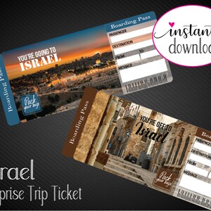 Printable ISRAEL Surprise Trip Gift Ticket. Boarding Pass. Trip Ticket ...