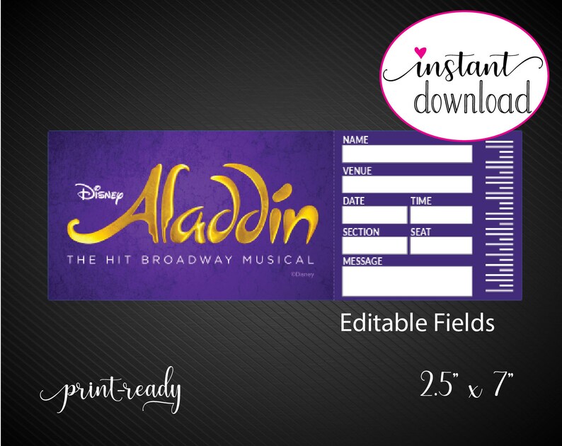 Printable ALADDIN Broadway Surprise Ticket. Editable Musical - Etsy