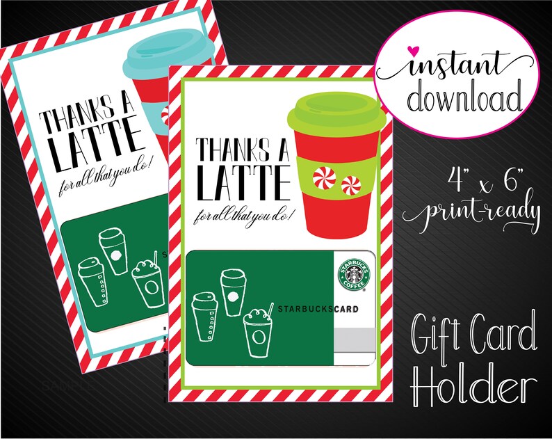 Printable CHRISTMAS Coffee Gift Card Holder. Thanks a Latte | Etsy