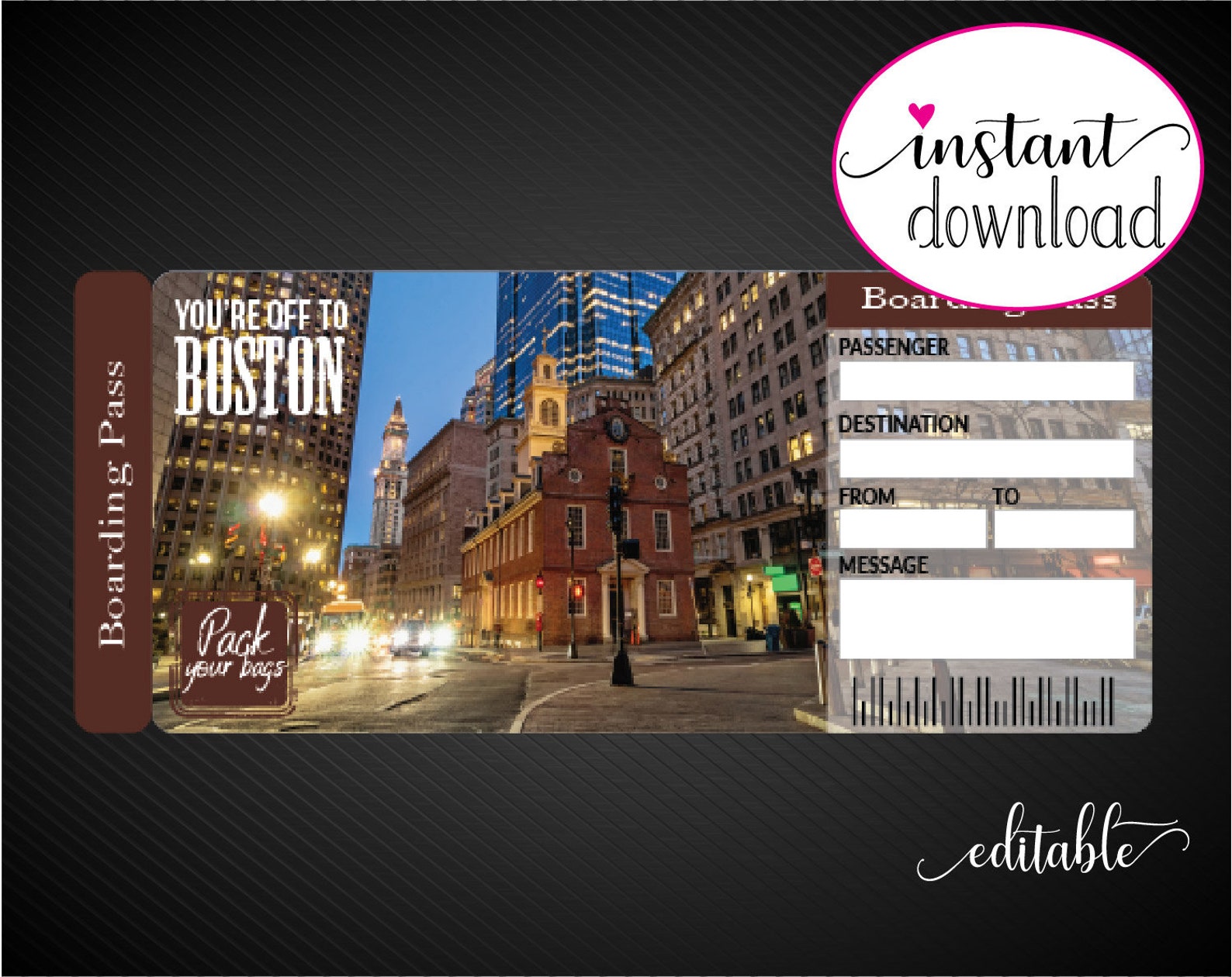 Printable BOSTON Surprise Trip Gift Ticket. Boarding Pass. Trip Ticket ...