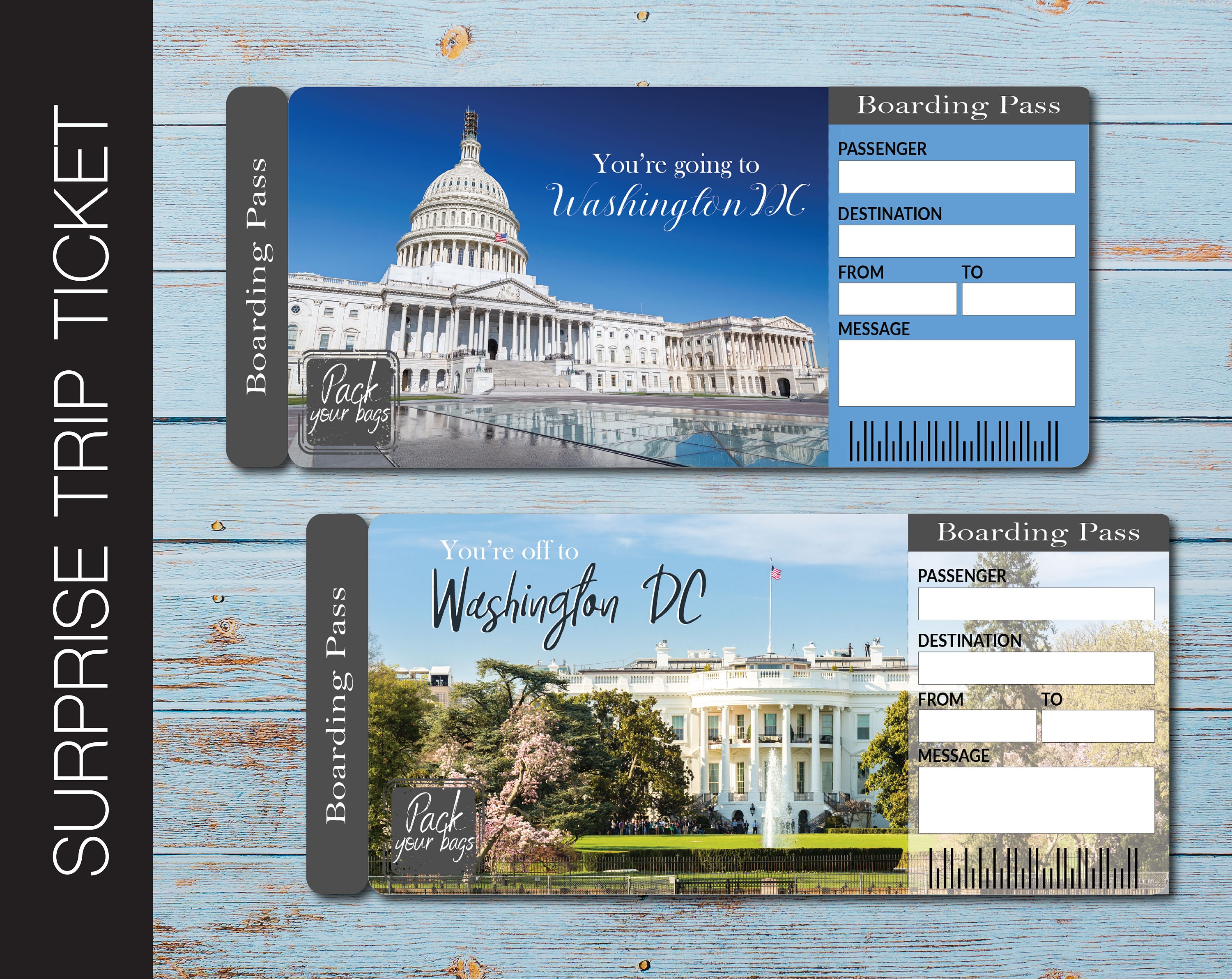 Printable WASHINGTON DC Surprise Trip Gift Ticket. Boarding Pass ...