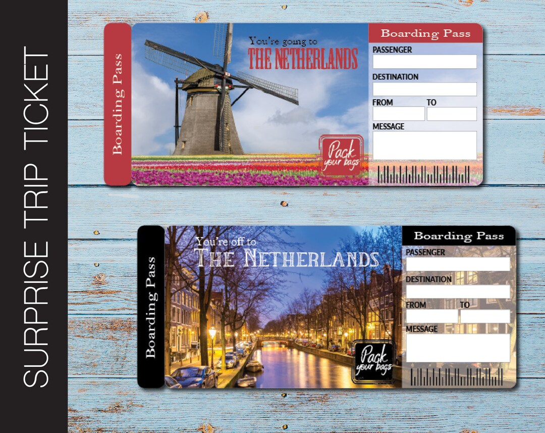 Printable NETHERLANDS Surprise Trip Gift Ticket. Boarding Pass. Trip ...