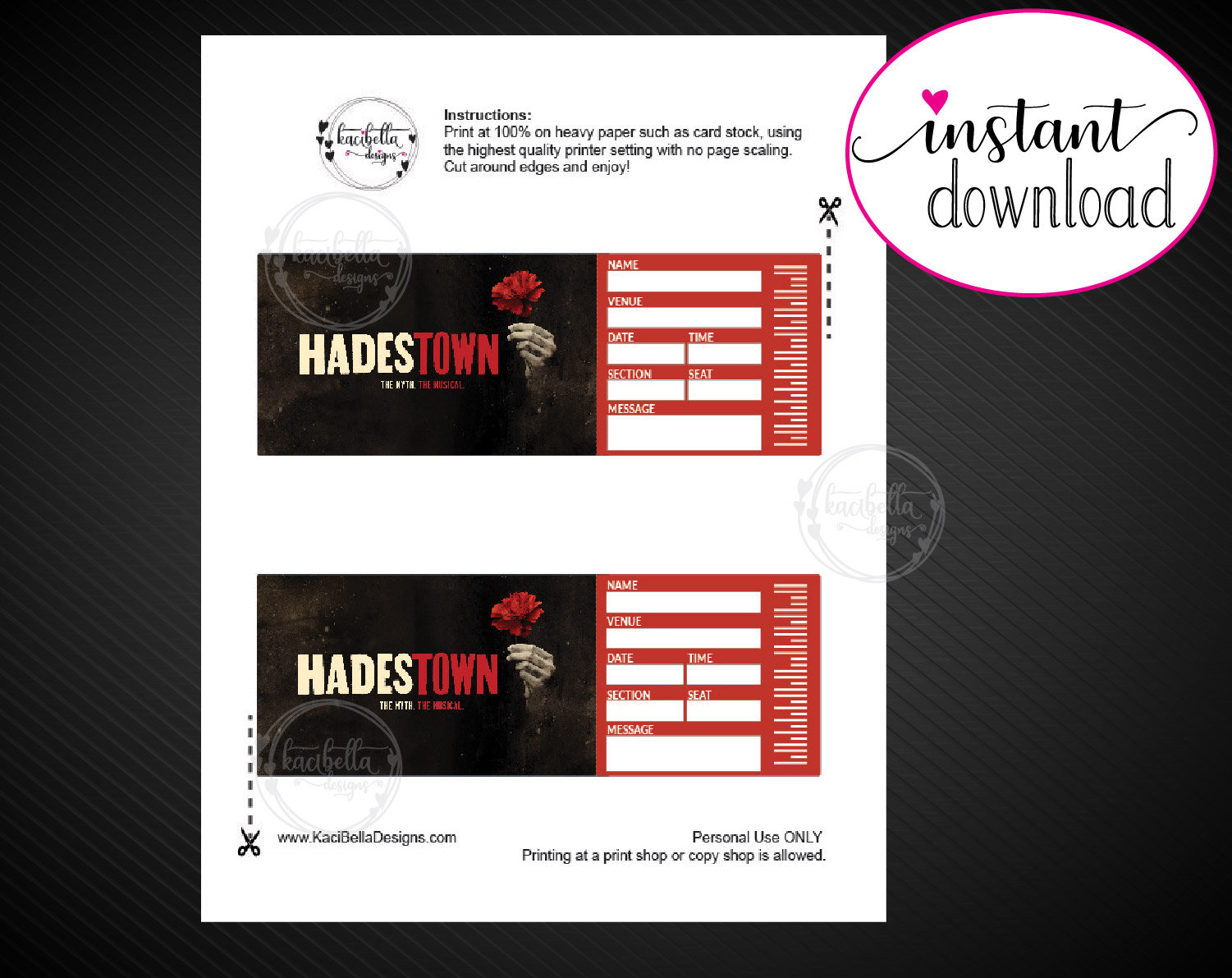 Printable HADESTOWN Broadway Surprise Ticket. Editable Musical - Etsy