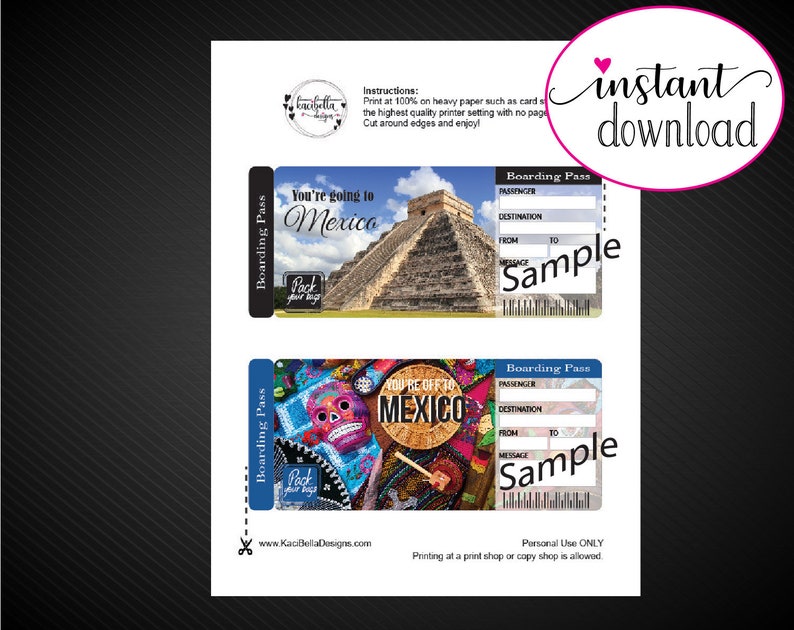 Printable MEXICO Surprise Trip Gift Ticket. Boarding Pass. | Etsy