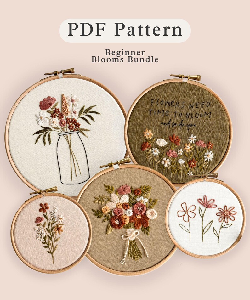 Beginner Blooms Embroidery Pattern Bundle || 5 Floral Embroidery Hoop ...