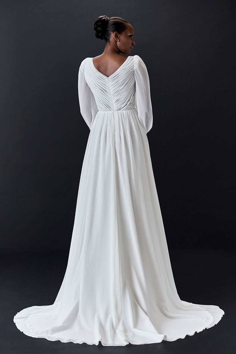 Long Sleeves Modest LDS Pleated Bodice Chiffon A Line - Etsy