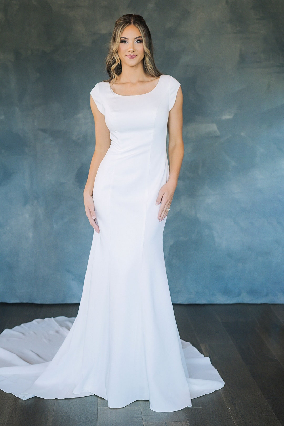 Modest LDS Wedding Dress, LDS Simple Satin Wedding Dress, Cap Sleeves ...